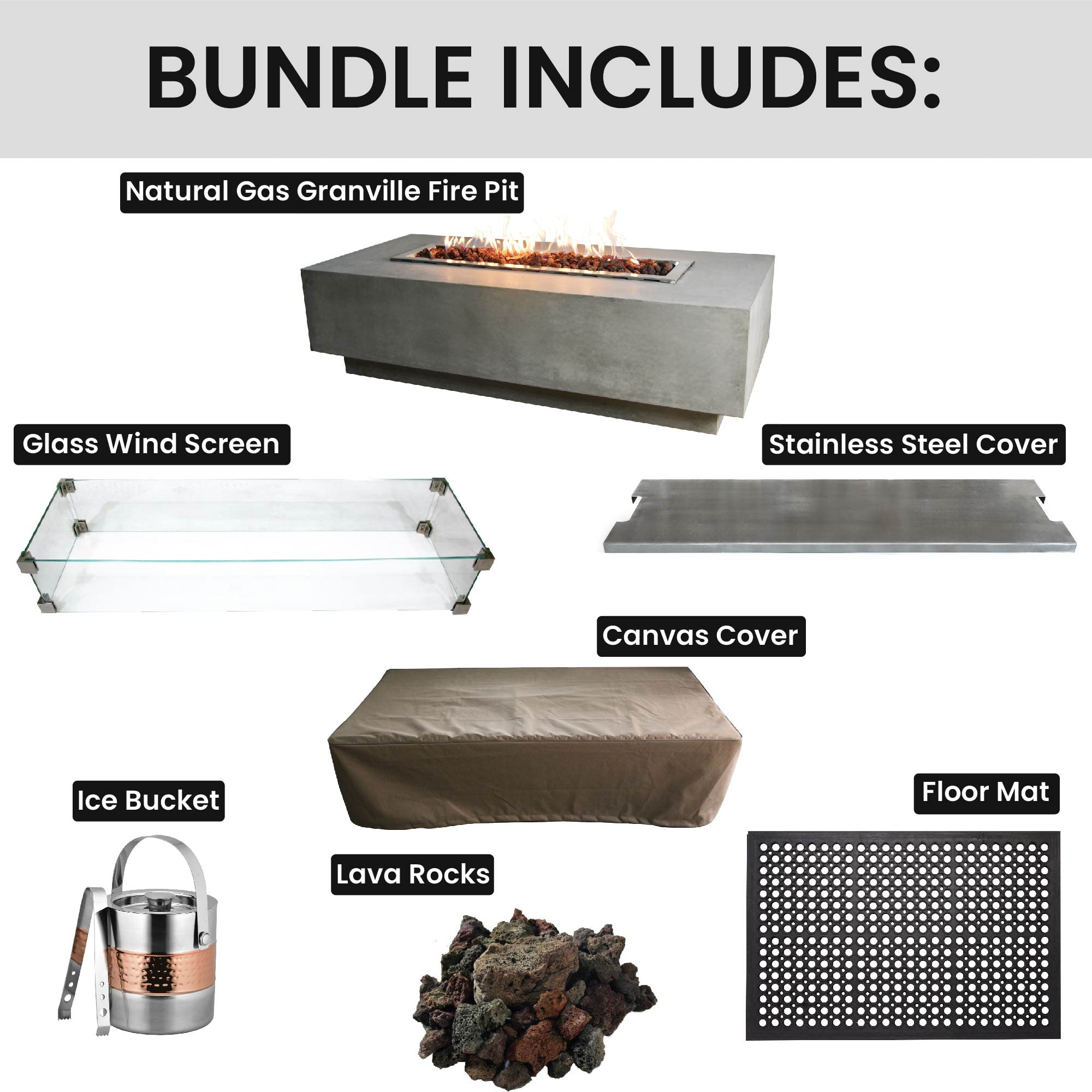 Elementi Granville Fire Pit Bundle Outdoor Firepit Set Includes 60” Natural Gas Concrete Firepit Table, Glass Windscreen, Stainless Steel Cover, Canvas Cover, Floor Mat, Ice Bucket