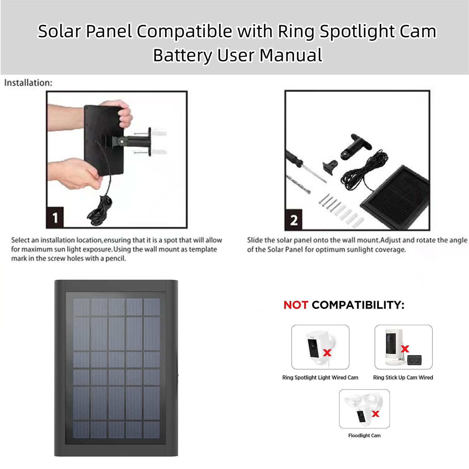 Solar Panel for Ring Spotlight &Stick Up Outdoor Cam Battery, 5W Portable Solar Charger Compatible with Ring Security Camera Battery Replacement.