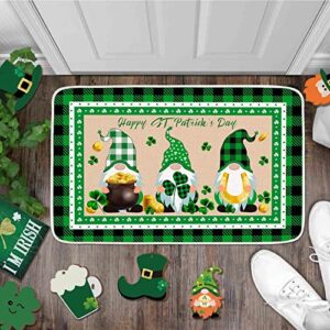 Svepndic St. Patricks Day Door Mat Indoor Outdoor Area Rugs 28 x 17 Inch Gnomes Shamrock Welcome Mat Non-Slip Green Entrance Floor Mat Clover Doormat for Kitchen Living Room Bath Room