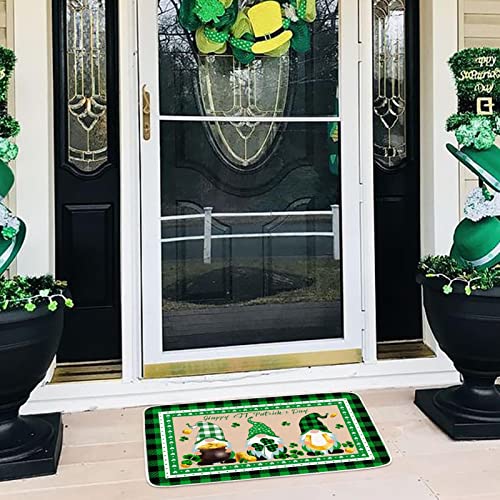 Svepndic St. Patricks Day Door Mat Indoor Outdoor Area Rugs 28 x 17 Inch Gnomes Shamrock Welcome Mat Non-Slip Green Entrance Floor Mat Clover Doormat for Kitchen Living Room Bath Room