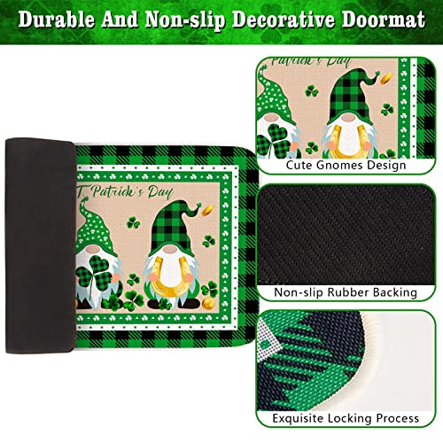 Svepndic St. Patricks Day Door Mat Indoor Outdoor Area Rugs 28 x 17 Inch Gnomes Shamrock Welcome Mat Non-Slip Green Entrance Floor Mat Clover Doormat for Kitchen Living Room Bath Room