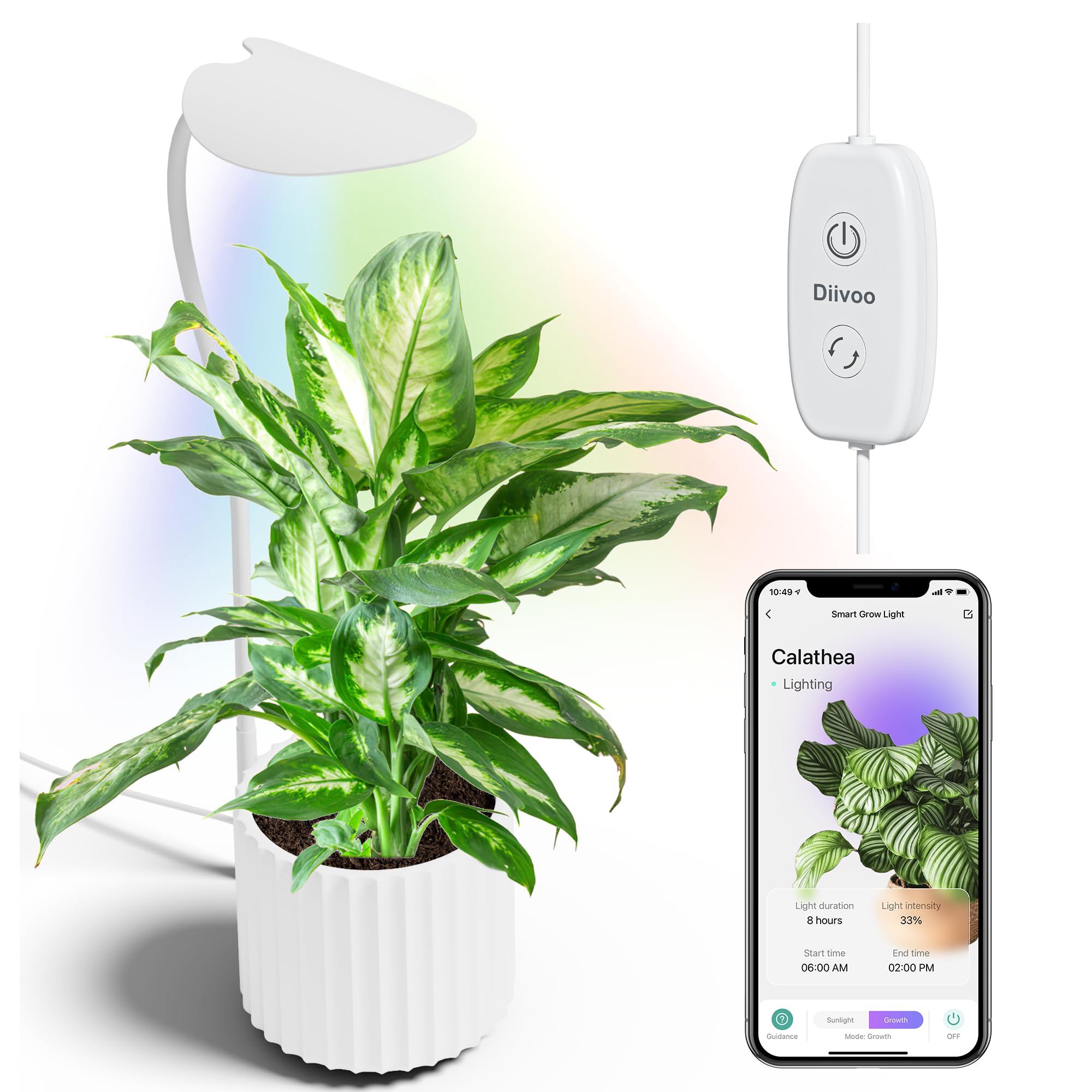 Diivoo Smart Grow Light for Indoor Plants, Full Spectrum Grow Lamp with Stepless Dimming, Bluetooth LED Plant Lights for Home, 360 Spin Gooseneck and Height Adjustable, Automatic Timer