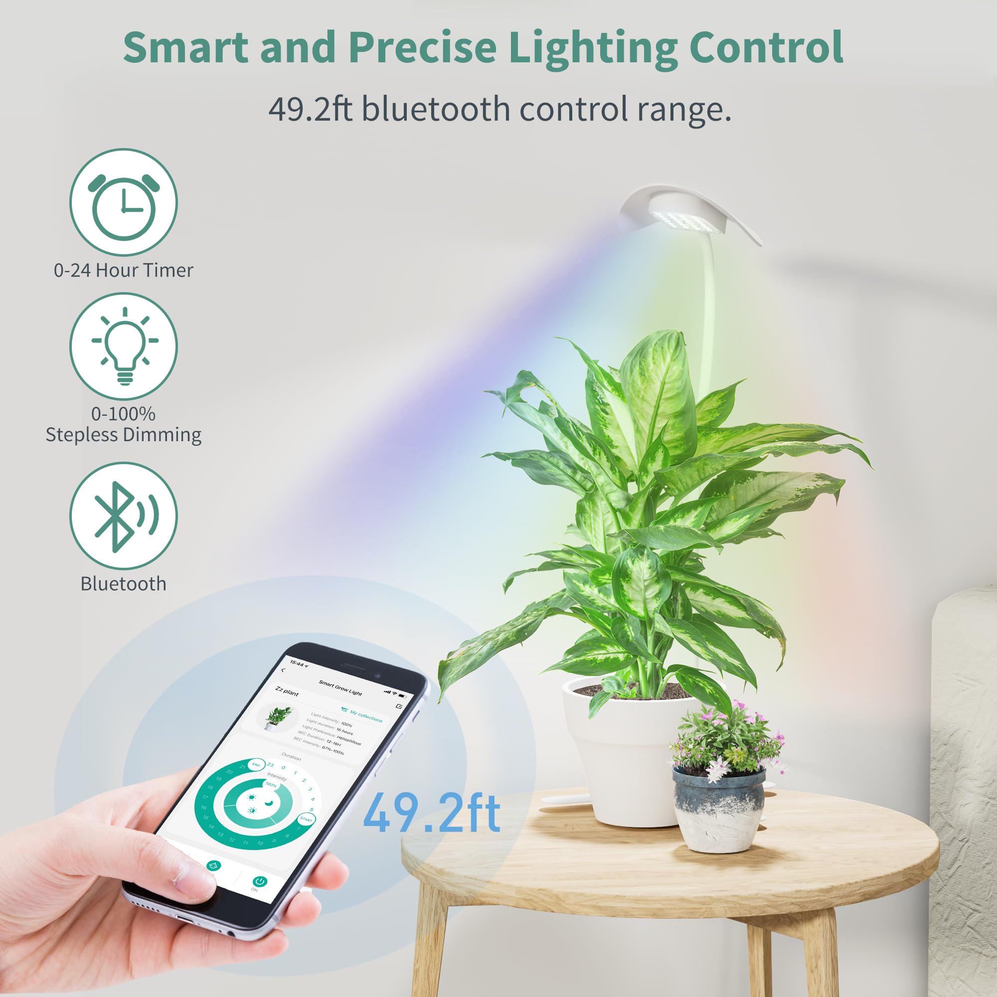 Diivoo Smart Grow Light for Indoor Plants, Full Spectrum Grow Lamp with Stepless Dimming, Bluetooth LED Plant Lights for Home, 360 Spin Gooseneck and Height Adjustable, Automatic Timer