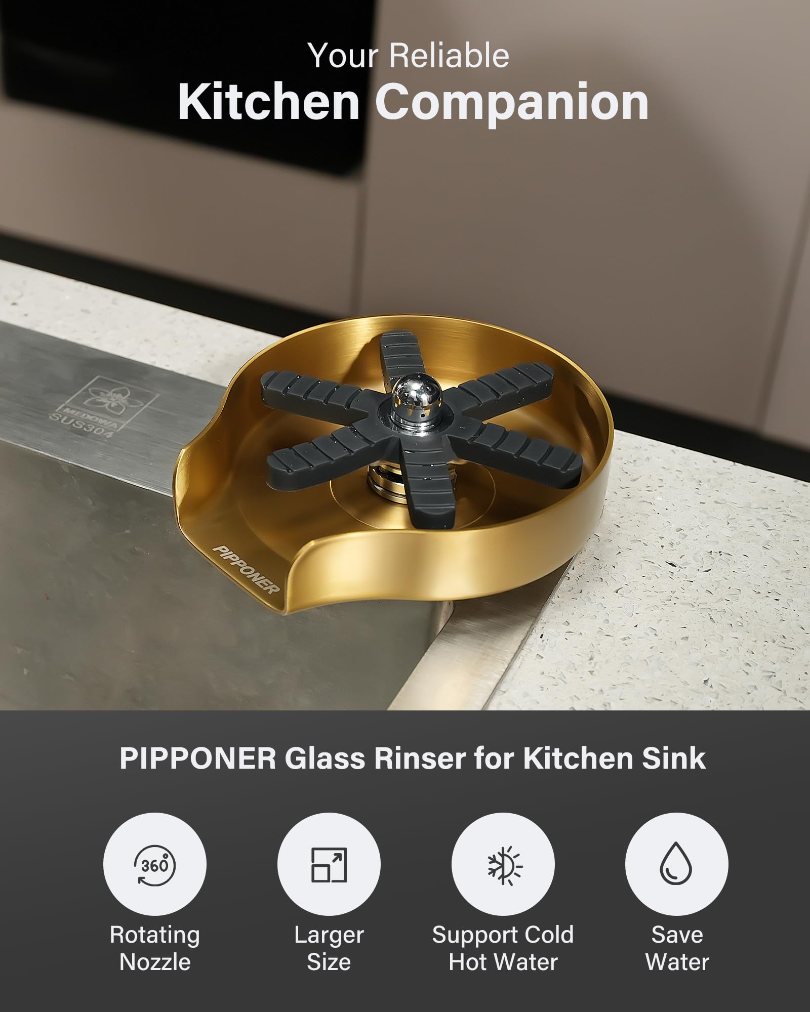 PIPPONER Glass Rinser for Kitchen Sink,Upgrade 360°Rotating Jet Cup Washer for Sink,Premium Stainless Steel Glass Washer for Kitchen Sink,Cup Washer Sink Attachment.(Brushed Champagne Gold)