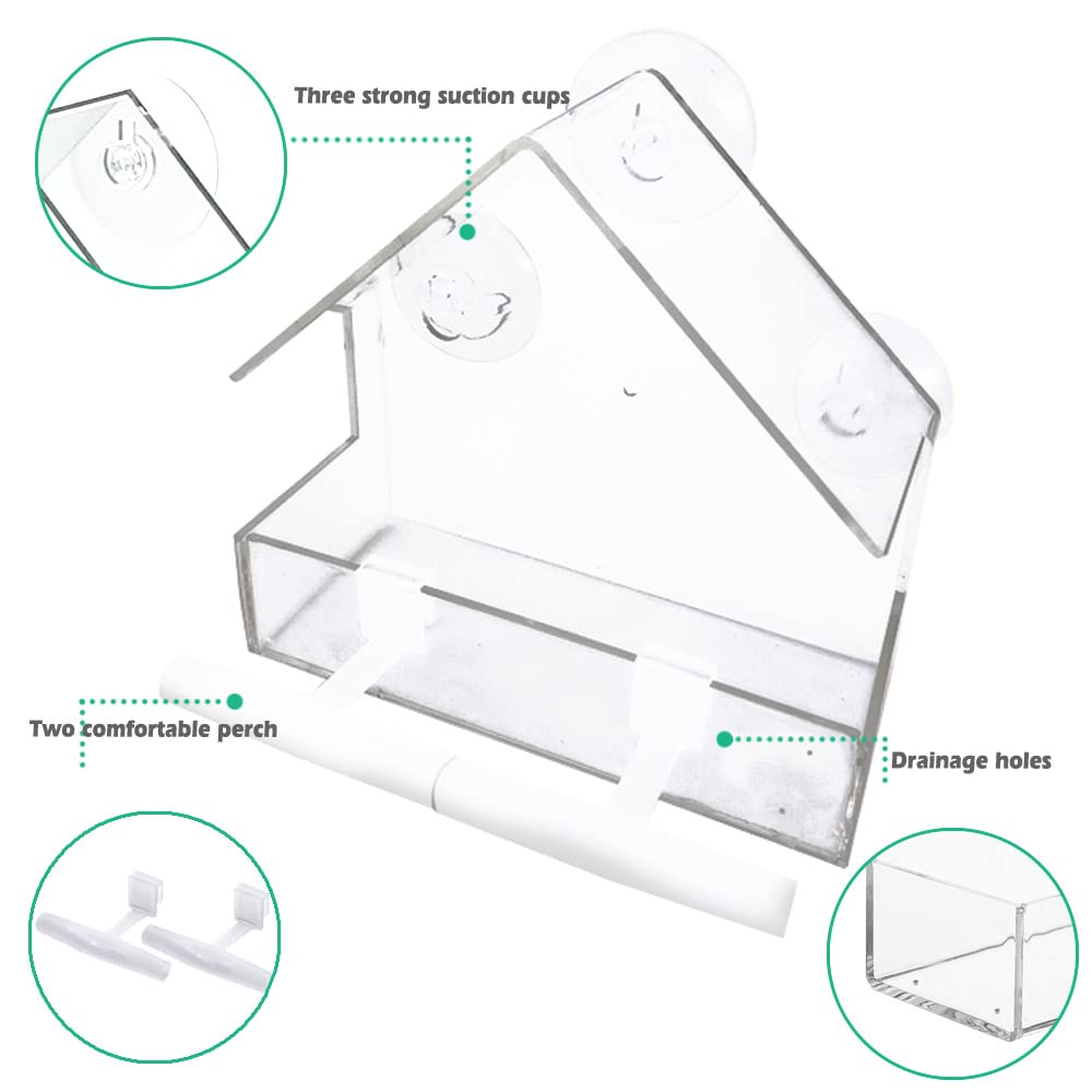 WLLKOO Window Bird Feeder, Bird House for Outside with 2 Rod, Small Acrylic Window Bird Feeder with Strong Suction Cups and Drain Holes 5.9 * 2.4 * 5.9 inch