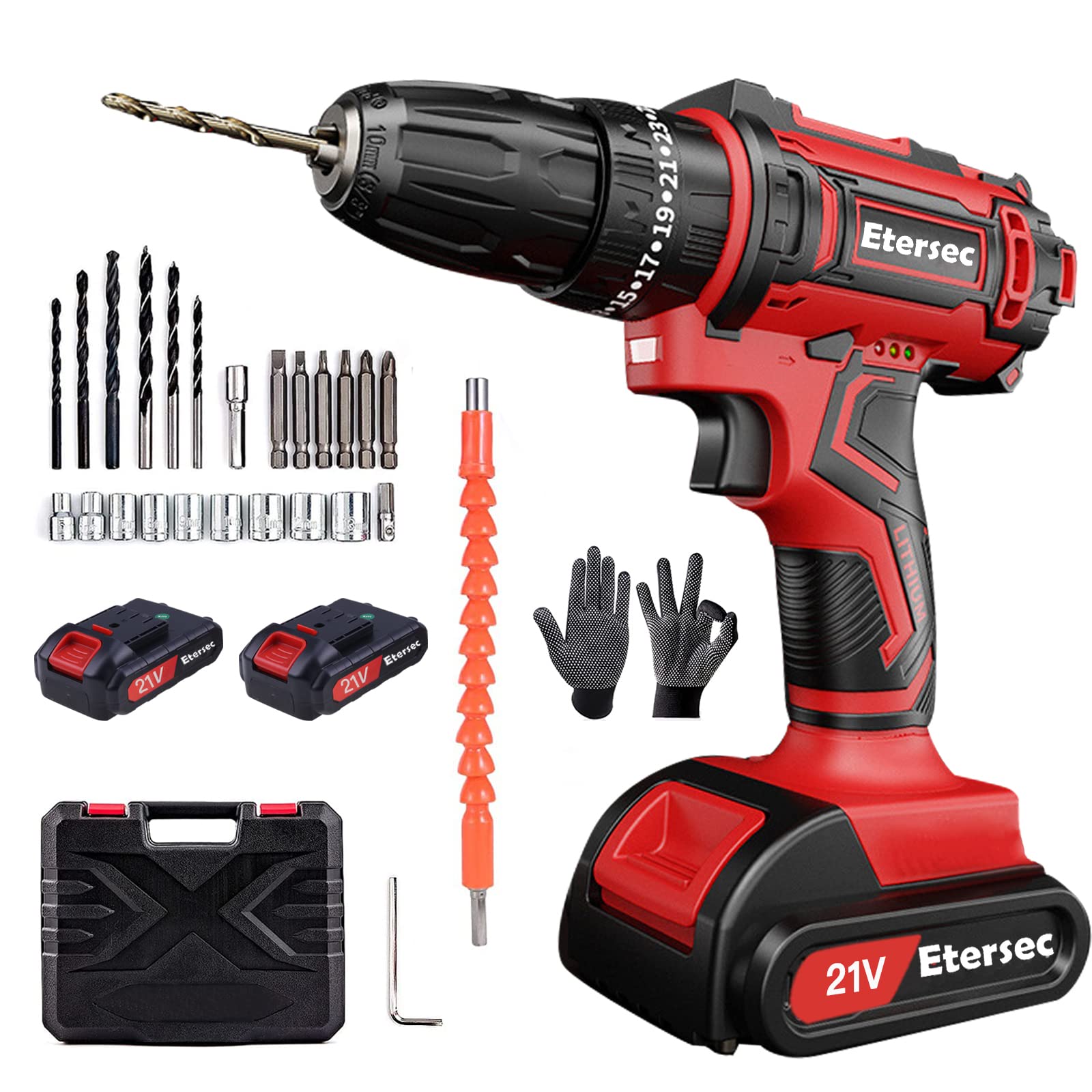 Etersec Cordless Drills Set 21V Electric Power Drill Kit with 2 Lithium-ion Batteries and 1 Fast Charger 3/8-Inch Keyless Chuck 2-Variable Speed 25+1 Torque Setting For Drilling Wood Wall