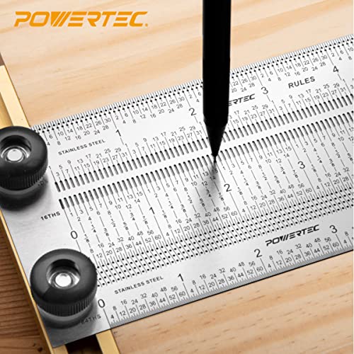 POWERTEC 80024 6 Inch Precision Marking T Rule, Stainless Steel Woodworking T Square Ruler for Marking, Measuring, Scribing Tool