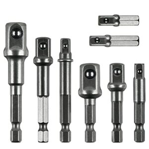 8 pcs drill bit adapter impact grade socket adapter set hex shank drill nut driver bit set sizes 1/4", 3/8", 1/2-inch for screwdriver, cordless drill, power drill