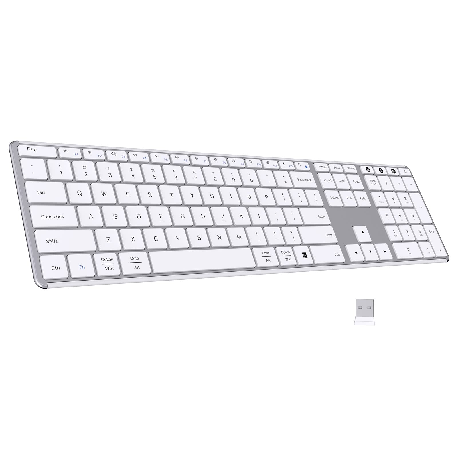 AUSDOM White Wireless Full Size Keyboard: Bluetooth Multi-Device USB Cordless Slim Quiet Keyboard with Numberpad, Rechargeable Noiseless Silent Universal Flat Keyboard for Mac iMac MacOS PC Computer