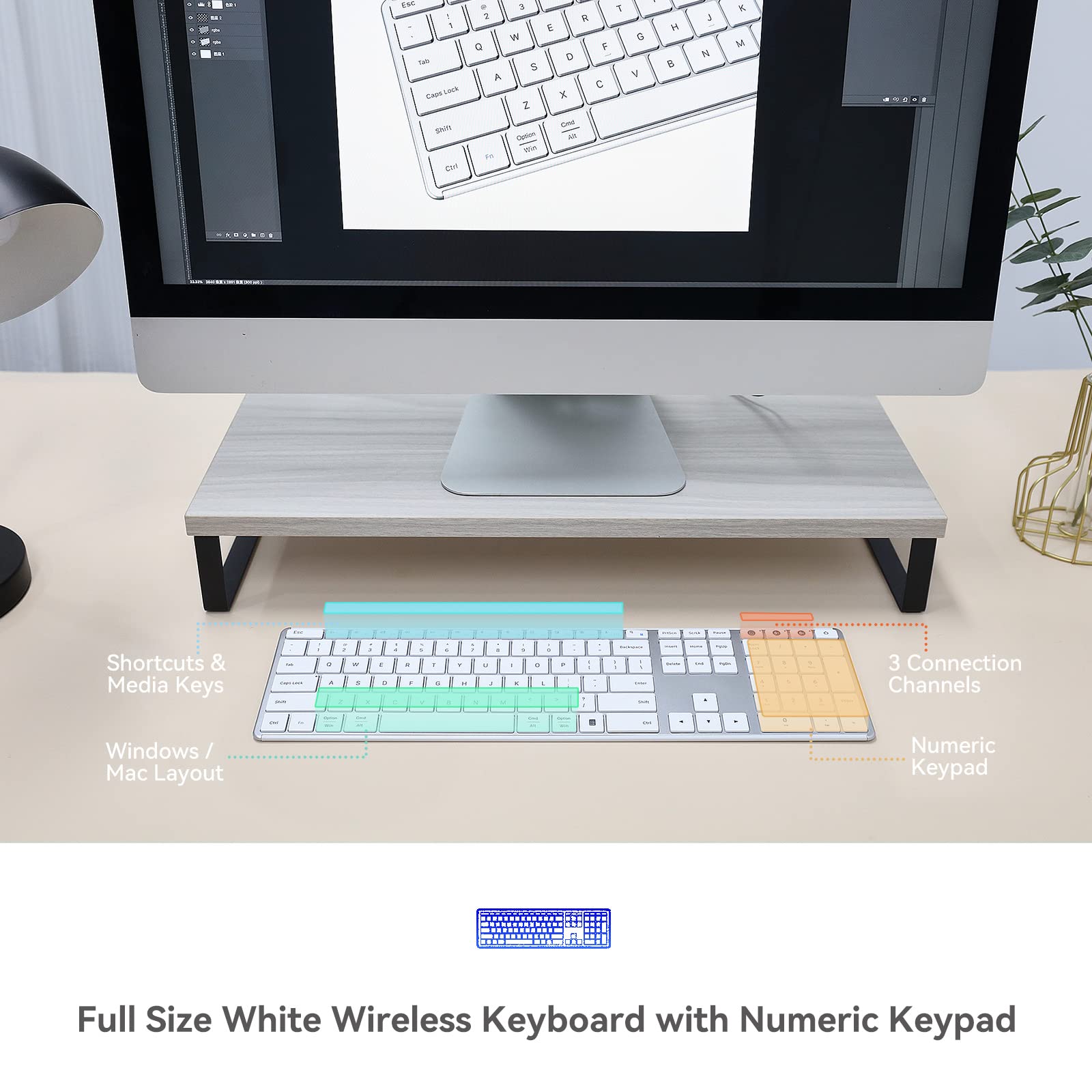 AUSDOM White Wireless Full Size Keyboard: Bluetooth Multi-Device USB Cordless Slim Quiet Keyboard with Numberpad, Rechargeable Noiseless Silent Universal Flat Keyboard for Mac iMac MacOS PC Computer