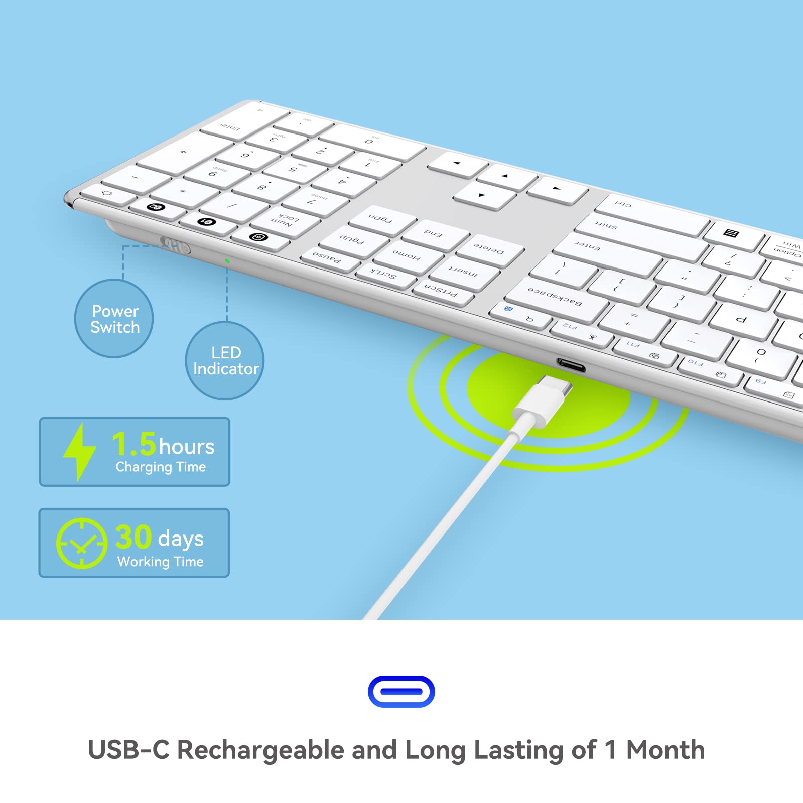 AUSDOM White Wireless Full Size Keyboard: Bluetooth Multi-Device USB Cordless Slim Quiet Keyboard with Numberpad, Rechargeable Noiseless Silent Universal Flat Keyboard for Mac iMac MacOS PC Computer