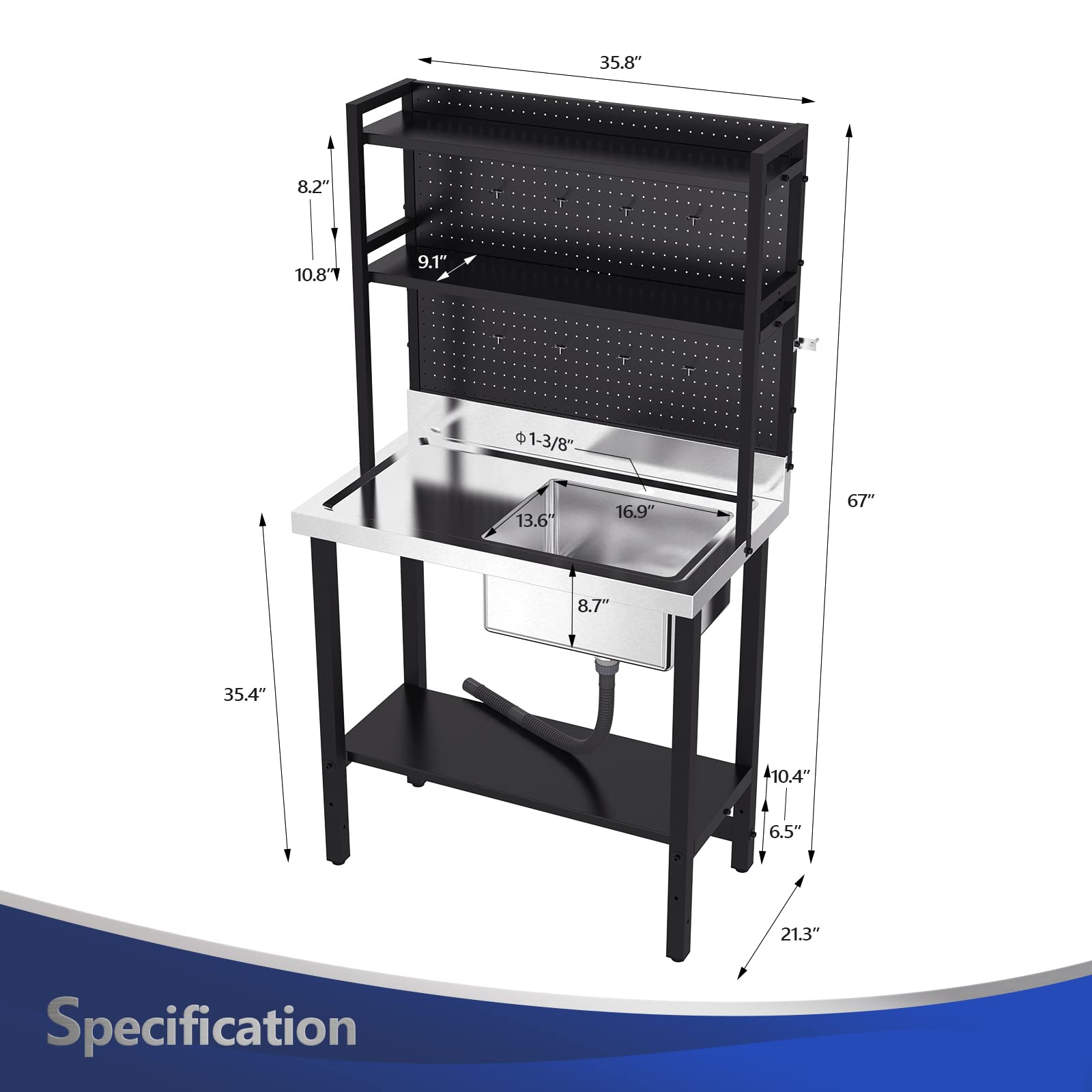 VINGLI 67" Commercial Sink with Drainboard and Adjustable Shelves and Pegboard for Hanging Tools, 304 Stainless Steel Table with Sink Freestanding Utility Sink and Counter for Restaurant, Garage