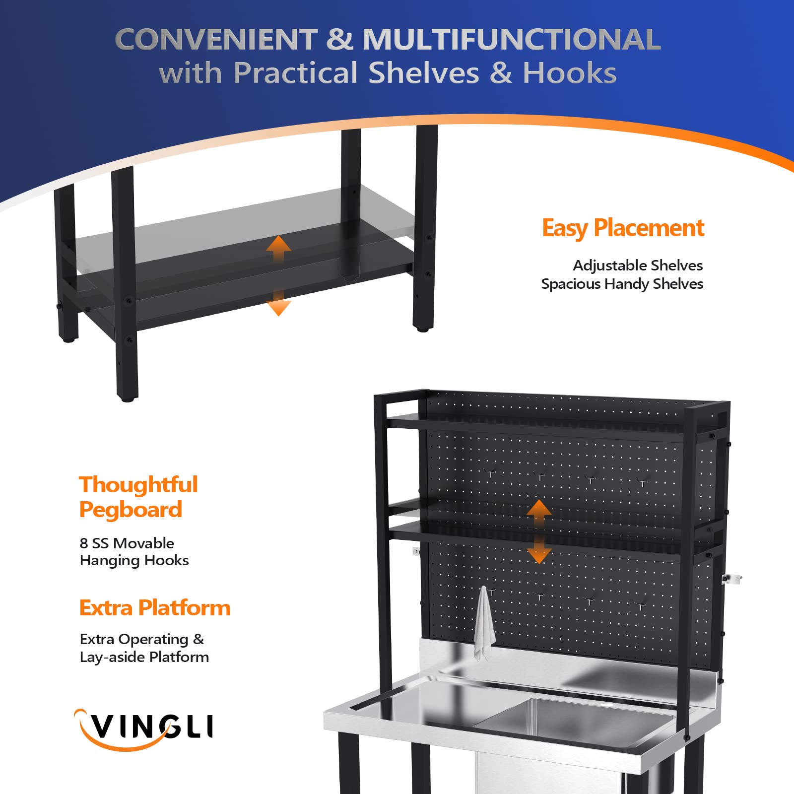 VINGLI 67" Commercial Sink with Drainboard and Adjustable Shelves and Pegboard for Hanging Tools, 304 Stainless Steel Table with Sink Freestanding Utility Sink and Counter for Restaurant, Garage