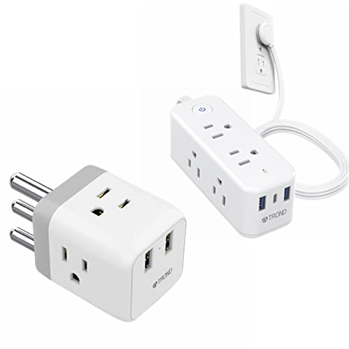 Flat Plug Power Strip - TROND 5ft Ultra Thin Extension Cord with 6 Widely Outlets and 3 USB Ports(1 USB C) + India to US Plug Adapter US to India Travel Plug Adapter 2 USB Ports 3 American Outlets