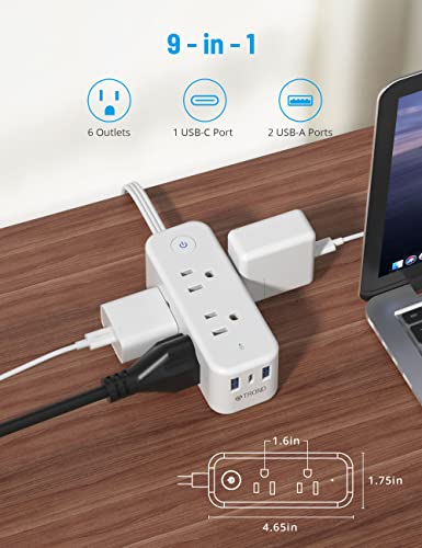 Flat Plug Power Strip - TROND 5ft Ultra Thin Extension Cord with 6 Widely Outlets and 3 USB Ports(1 USB C) + India to US Plug Adapter US to India Travel Plug Adapter 2 USB Ports 3 American Outlets