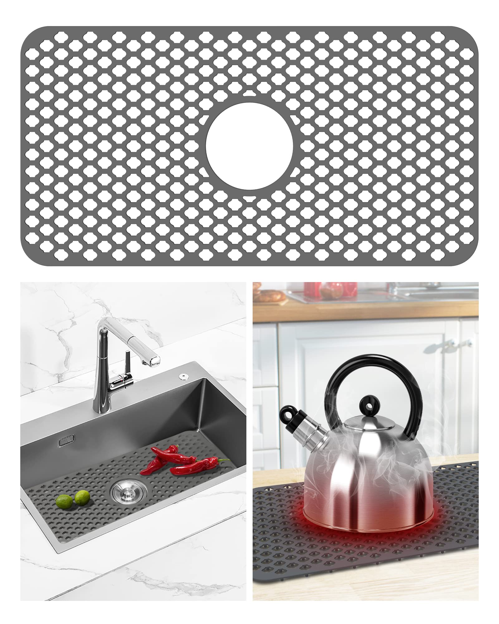 Makaduo Sink Protectors for Kitchen Sink, Silicone Kitchen Sink Accessories, Sink Mats for Stainless Steel Sink, Porcelain Sink, Large Folding Dish Drying Mat, Heat Resistant, Non-Slip, Grey