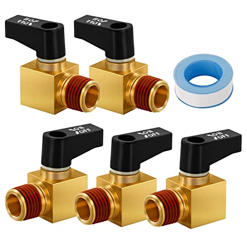 5-Pack Ball Drain Valve SUNROAD Brass Mini Ball Valve, 1/4 Inch NPT Male for Air Compressor with Thread Seal Tape