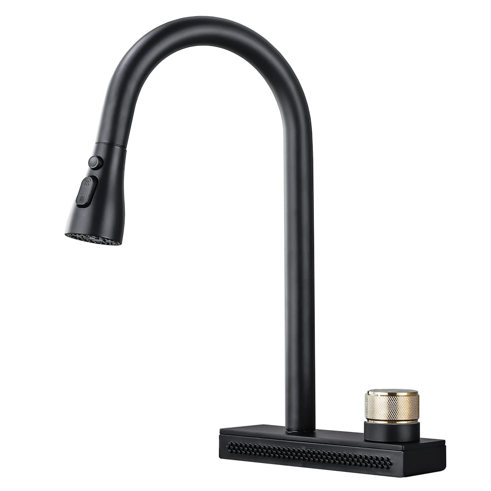 JIEFADZ Rainfall Kitchen Sink Faucet Pull Out Four Water Outlet Modes Cold and Hot Can Rotate TAP (Black)