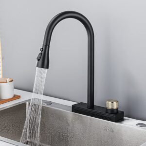 JIEFADZ Rainfall Kitchen Sink Faucet Pull Out Four Water Outlet Modes Cold and Hot Can Rotate TAP (Black)