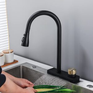 JIEFADZ Rainfall Kitchen Sink Faucet Pull Out Four Water Outlet Modes Cold and Hot Can Rotate TAP (Black)