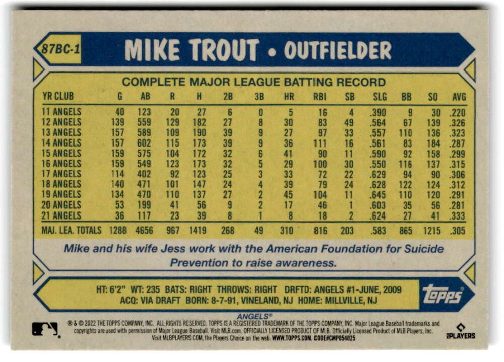 2022 Topps Chrome 1987 Baseball Refractor #87BC-1 Mike Trout NM-MT Angels