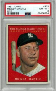 mickey mantle 1961 topps baseball card #475- psa graded 8 nm-mt (new york yankees/'56-'57 al mvp) - baseball slabbed rookie cards