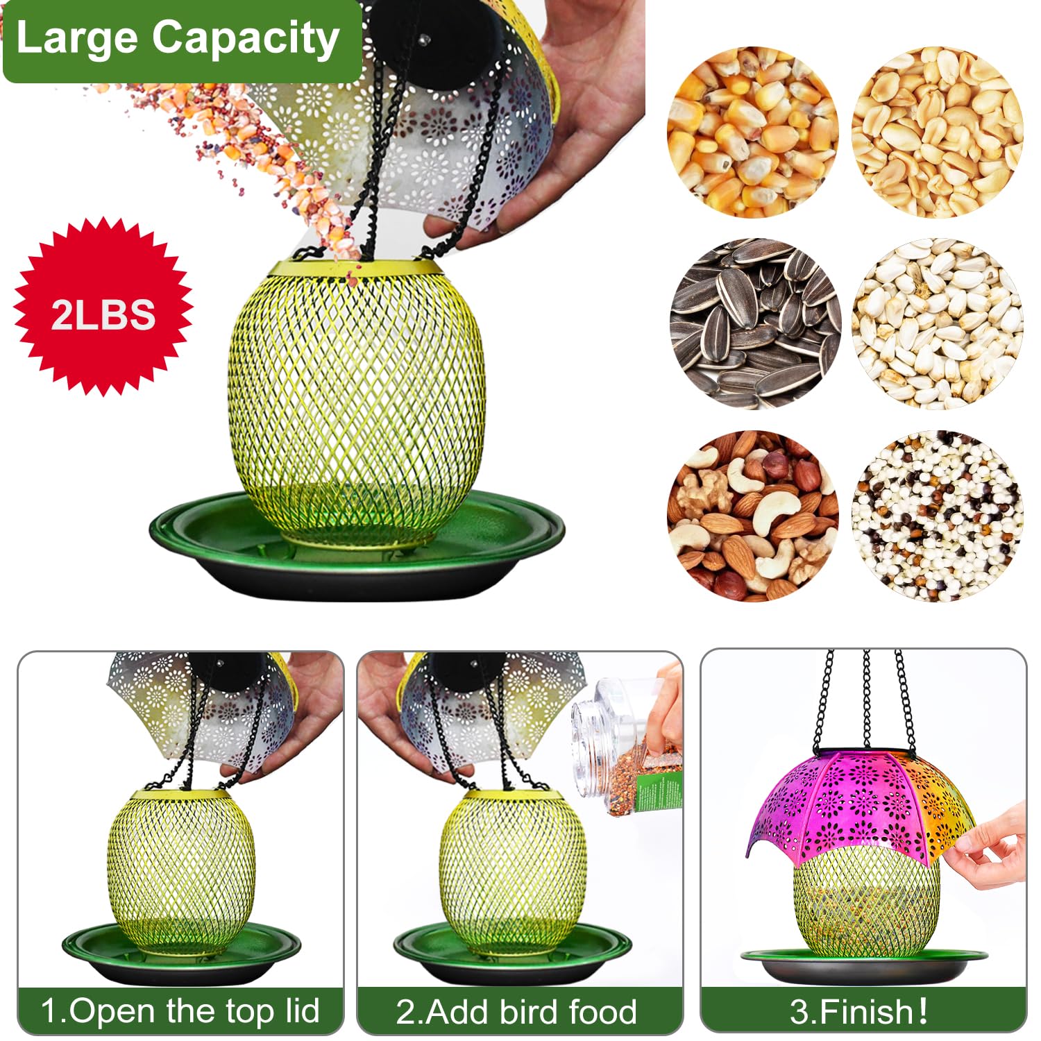 2023 New Solar Bird Feeders - Outdoors Hanging with Automatic Color Changing LED Lights, Metal Wild Bird Feeders Provides 2.5LBs Capacity, Hanging Bird Feeder Makes an Ideal Gifts for Bird Lovers.