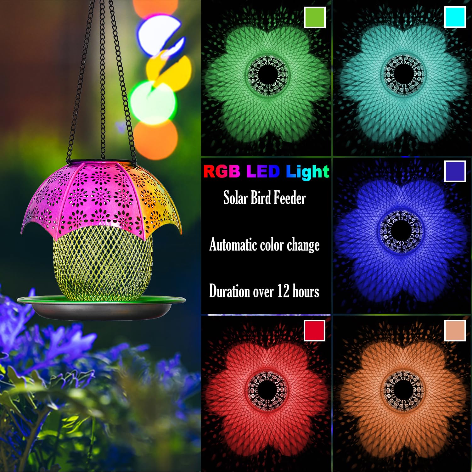 2023 New Solar Bird Feeders - Outdoors Hanging with Automatic Color Changing LED Lights, Metal Wild Bird Feeders Provides 2.5LBs Capacity, Hanging Bird Feeder Makes an Ideal Gifts for Bird Lovers.