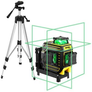 laser level with tripod set, firecore 3x360 green laser level self leveling and alignment line laser tool for construction, includes rechargeable li-ion battery, l-bracket & carry pouch