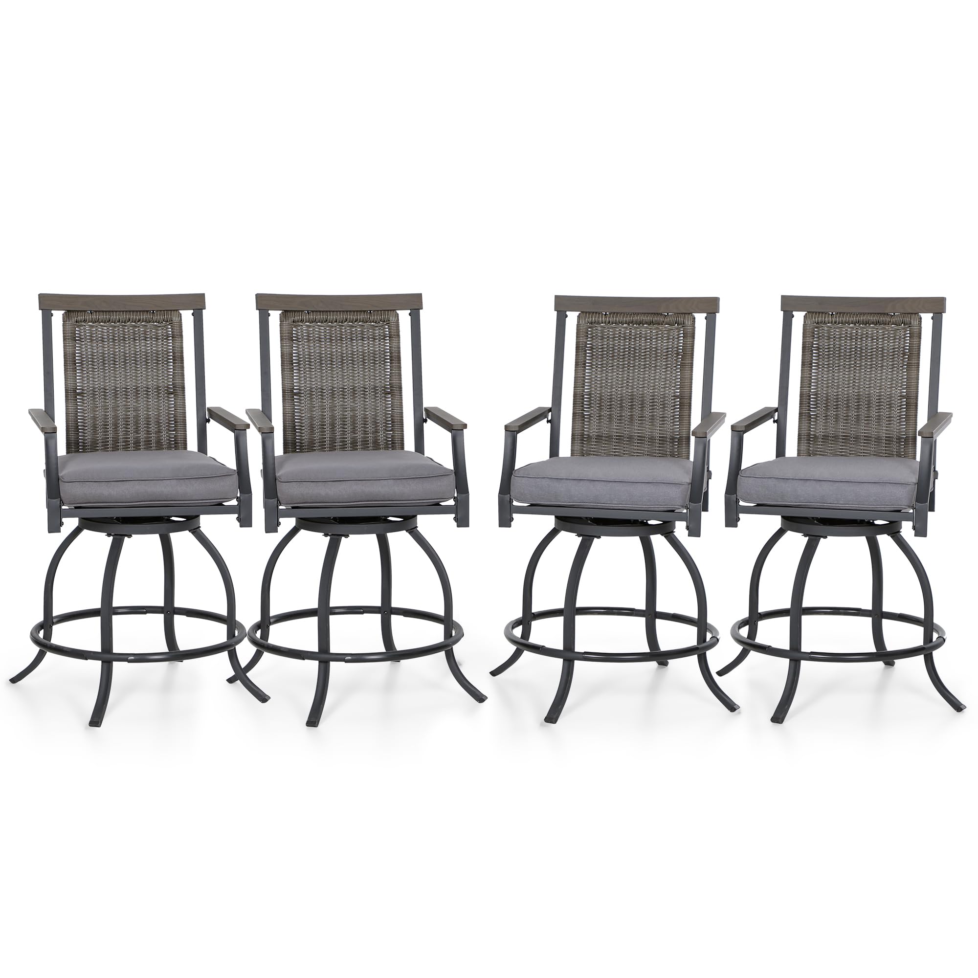 PHI VILLA 4 pcs Outdoor Bar Chairs (24" Seat Height) with Rattan Backrest, Counter Height Patio Chair with 3.5" Padded Grey Cushion,All Weather for Garden,Yard,Lawn