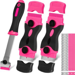 razor blade scraper, thinkwork 3pcs pink razor scrapers with 15pcs metal and 30pcs plastic blades, scraper tool for cleaning paint, decals, adhesive, caulk, stickers, glass, labels, window, stovetop