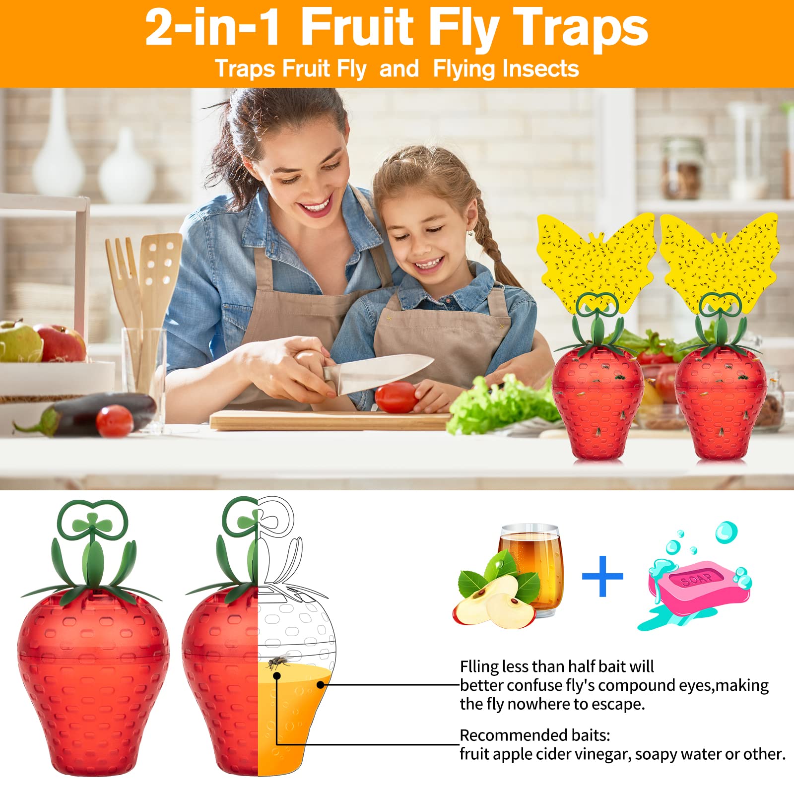 Fruit Fly Traps for Indoors,Effective Fly Catcher Gnat Traps for House with Yellow Sticky Traps,Fruit Fly Trap with Sticker with Bait Safe Non-Toxic Reusable Fly Trap for Home, Plant, Kitchen