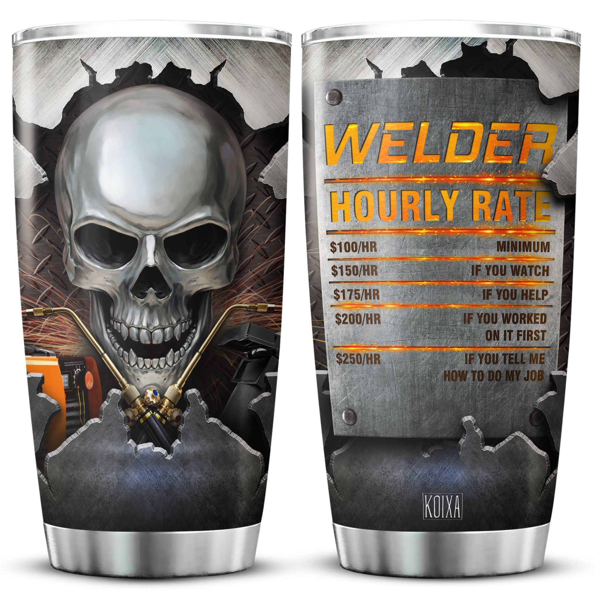 KOIXA Skull Tumbler Welder Hourly Rate Coffee Travel Mug 20oz Skull Themed Things For Welders Stainless Steel Insulated Cup Unique Gifts For Men From Girlfriend Funny Gag Gift