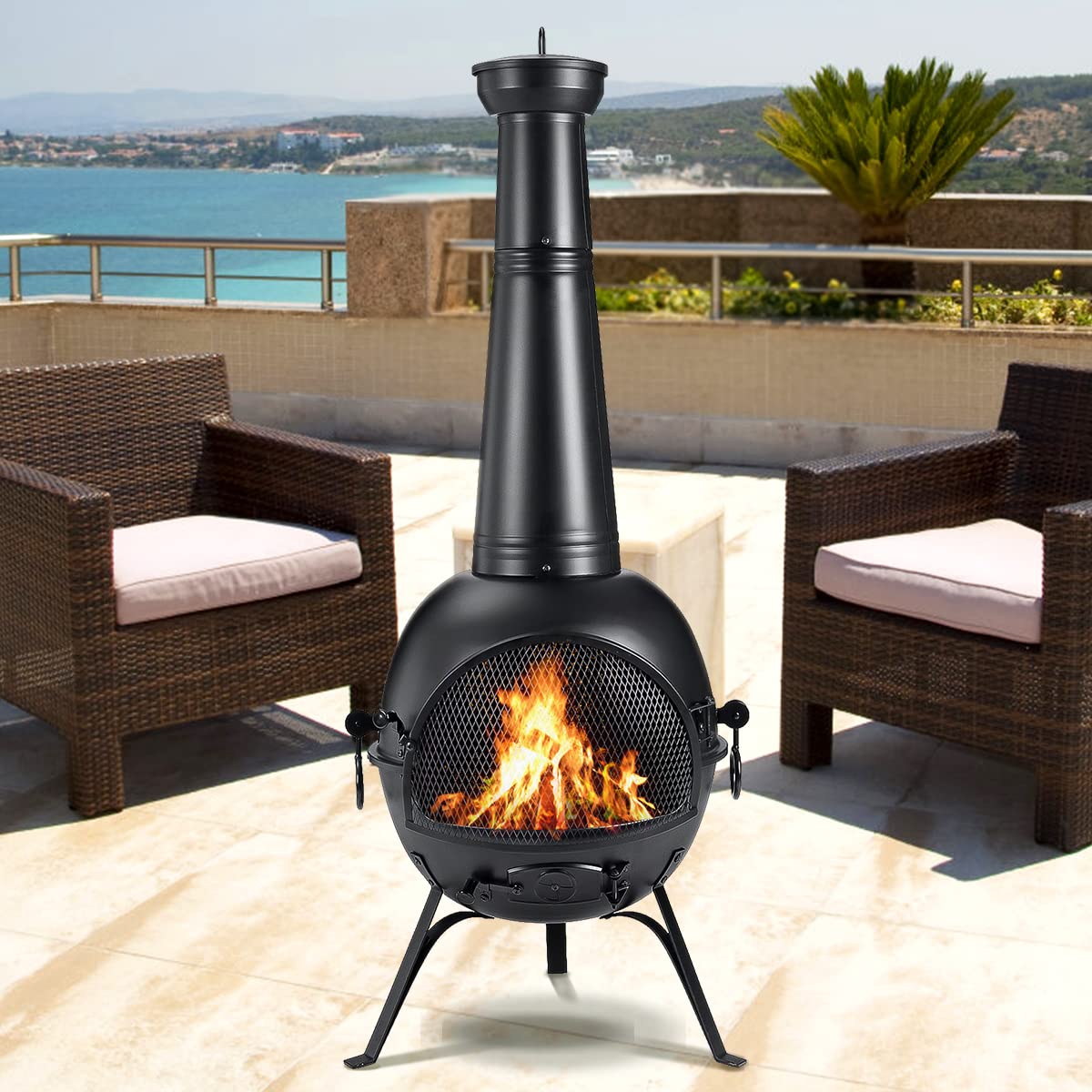 SINGLYFIRE Prairie Fire Outdoor Chiminea Fireplace Deck or Patio Backyard Wooden Fire Pit with Chiminea Cover Rust-Free Iron Black