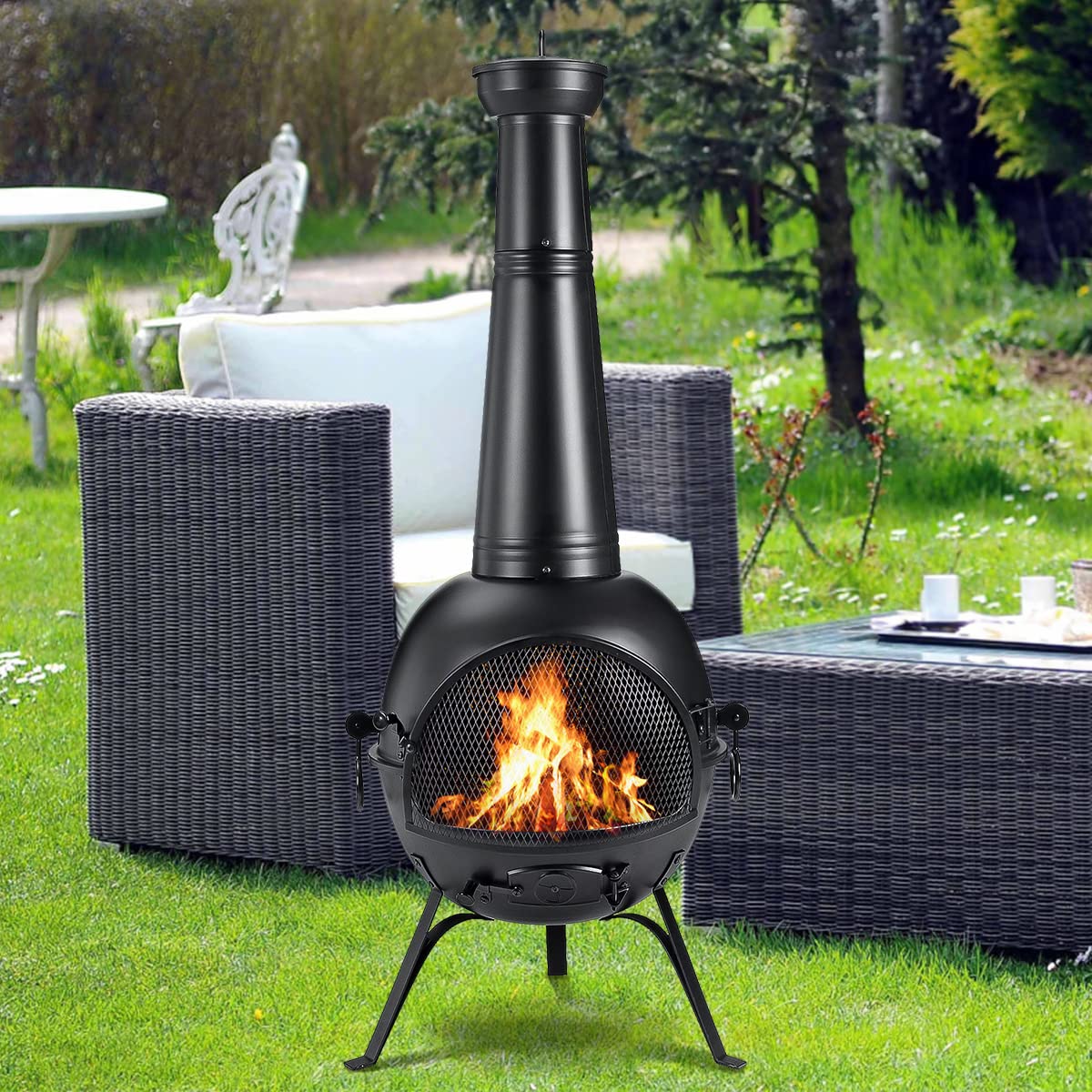 SINGLYFIRE Prairie Fire Outdoor Chiminea Fireplace Deck or Patio Backyard Wooden Fire Pit with Chiminea Cover Rust-Free Iron Black