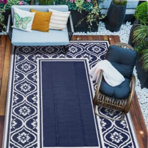 hugear rv outdoor rug waterproof mat outdoor rugs 9'x12' for patios clearance carpet outdoor camping rugs large plastic straw rug (9x12ft lantern navy blue&white)