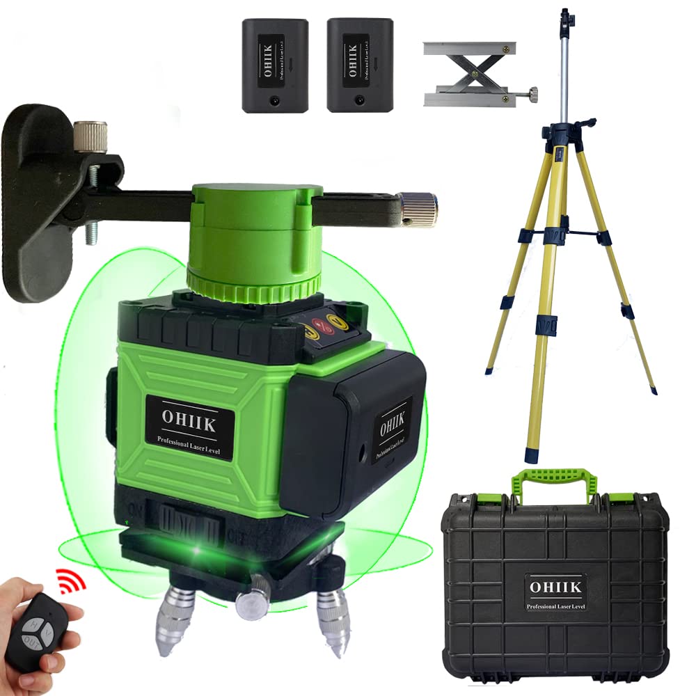 OHIIK 3X360 Laser Level Green 12 Lines Laser-4 Vertical Lines 8 Horizontal Lines with Tripod,2 Li-ion Batteries and Hard Carry Case