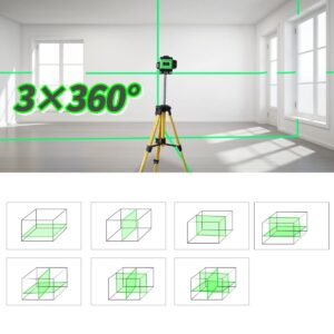 OHIIK 3X360 Laser Level Green 12 Lines Laser-4 Vertical Lines 8 Horizontal Lines with Tripod,2 Li-ion Batteries and Hard Carry Case