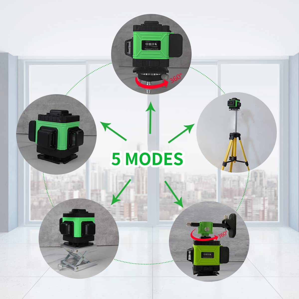 OHIIK 3X360 Laser Level Green 12 Lines Laser-4 Vertical Lines 8 Horizontal Lines with Tripod,2 Li-ion Batteries and Hard Carry Case