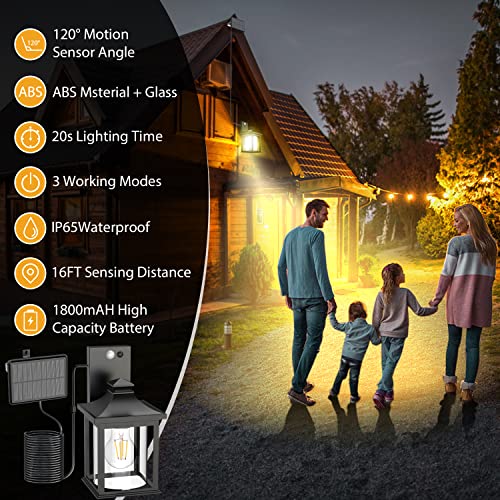 Solar Motion Sensor Light Outdoor, 3 Lighting Modes Dusk to Dawn Solar Porch Lights IP65 Waterproof, Solar Wall Lanterns Outdoor with Separate Panel and 16FT Cable for Front Yard Shed Barn（2 Bulb）