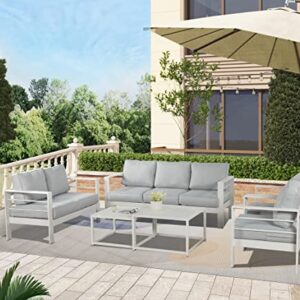 Solaste Aluminum Outdoor Patio Furniture Set, Metal Outside Patio Furniture Conversation Sets with Nesting Coffee Table, Outdoor Seating Set with 5” Olefin Cushions for Backyard Deck Lawn, White