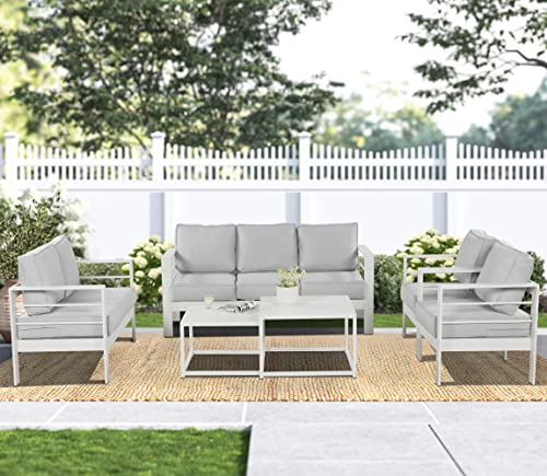 Solaste Aluminum Outdoor Patio Furniture Set, Metal Outside Patio Furniture Conversation Sets with Nesting Coffee Table, Outdoor Seating Set with 5” Olefin Cushions for Backyard Deck Lawn, White