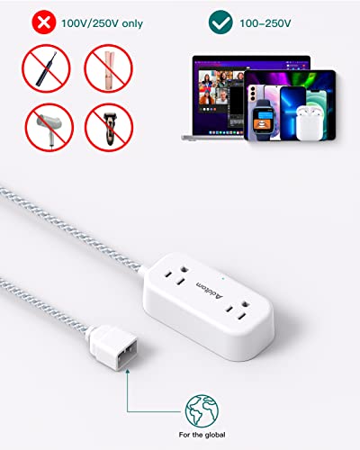 Addtam Universal Travel Adapter, Power Strip with International Plug Adapter, 2 AC Outlet and 2 USB Ports(1 USB-C PD 20W), Essentials for US EU UK AU White