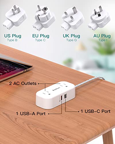 Addtam Universal Travel Adapter, Power Strip with International Plug Adapter, 2 AC Outlet and 2 USB Ports(1 USB-C PD 20W), Essentials for US EU UK AU White