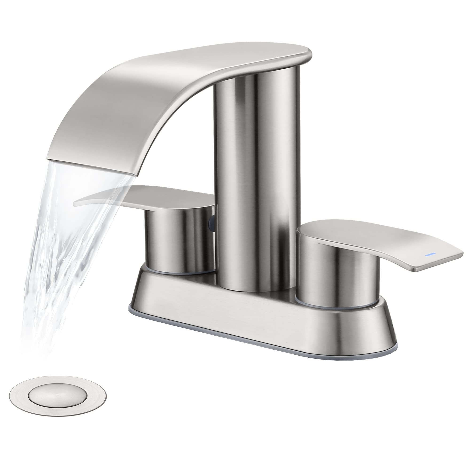 Ultimate Unicorn Waterfall Bathroom Sink Faucet Brushed Nickel, Two Handles Bathroom Faucet with Metal Pop up Sink Drain Stopper, Two Or 3 Holes Bathroom Basin Lavatory Mixer Tap with Deck Mount Plate