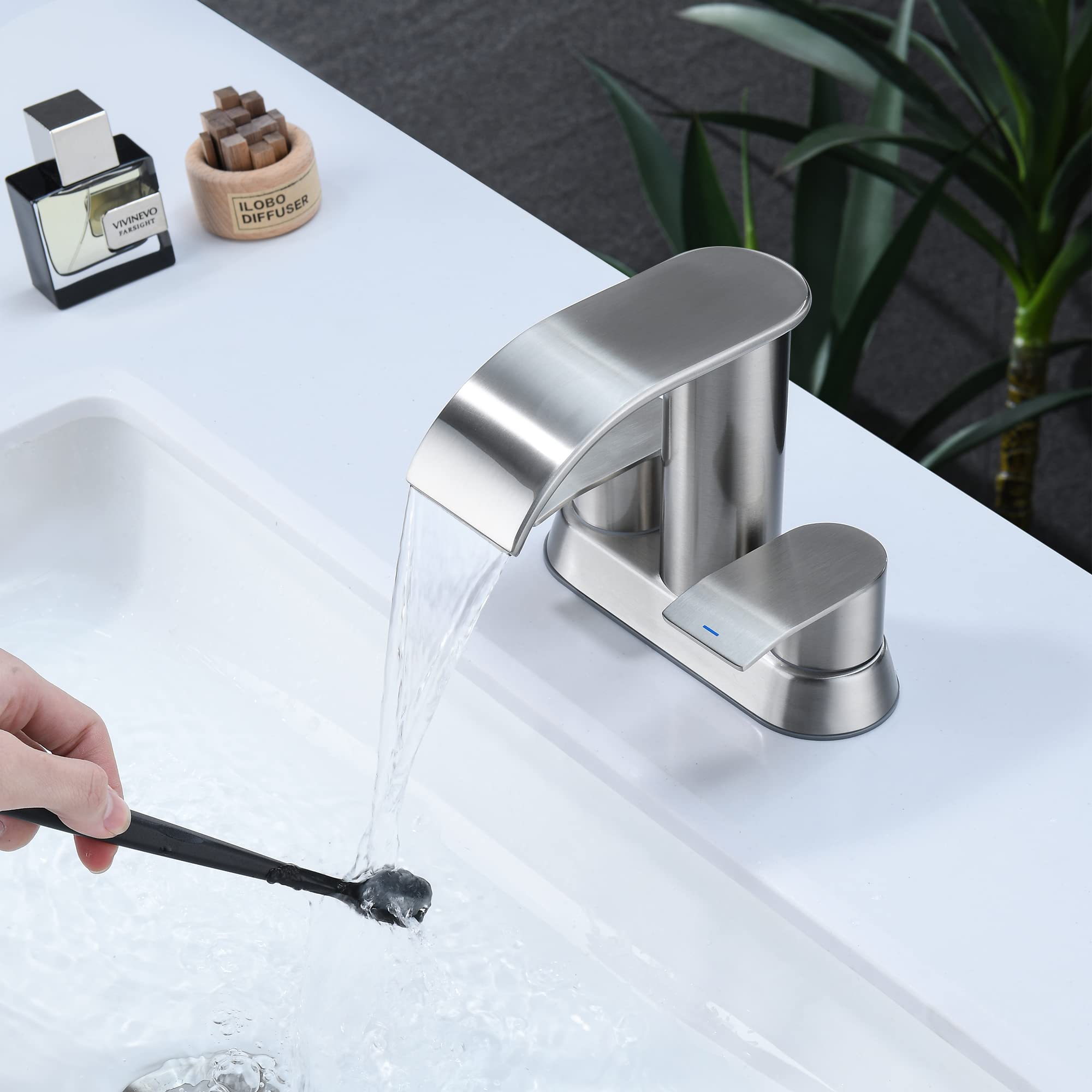 Ultimate Unicorn Waterfall Bathroom Sink Faucet Brushed Nickel, Two Handles Bathroom Faucet with Metal Pop up Sink Drain Stopper, Two Or 3 Holes Bathroom Basin Lavatory Mixer Tap with Deck Mount Plate