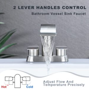 Ultimate Unicorn Waterfall Bathroom Sink Faucet Brushed Nickel, Two Handles Bathroom Faucet with Metal Pop up Sink Drain Stopper, Two Or 3 Holes Bathroom Basin Lavatory Mixer Tap with Deck Mount Plate