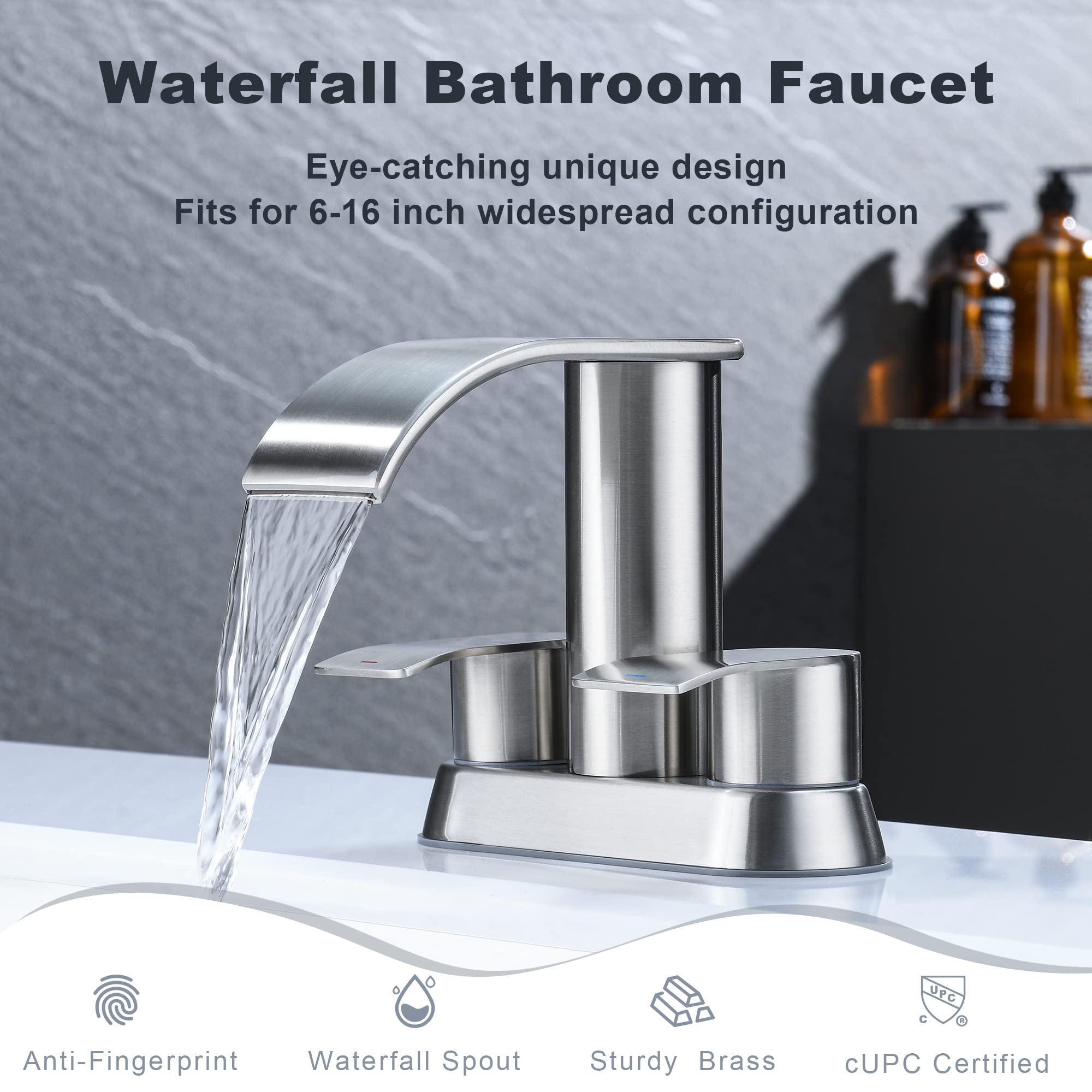 Ultimate Unicorn Waterfall Bathroom Sink Faucet Brushed Nickel, Two Handles Bathroom Faucet with Metal Pop up Sink Drain Stopper, Two Or 3 Holes Bathroom Basin Lavatory Mixer Tap with Deck Mount Plate