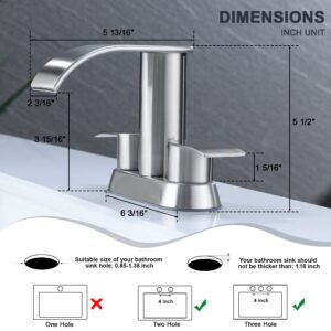 Ultimate Unicorn Waterfall Bathroom Sink Faucet Brushed Nickel, Two Handles Bathroom Faucet with Metal Pop up Sink Drain Stopper, Two Or 3 Holes Bathroom Basin Lavatory Mixer Tap with Deck Mount Plate