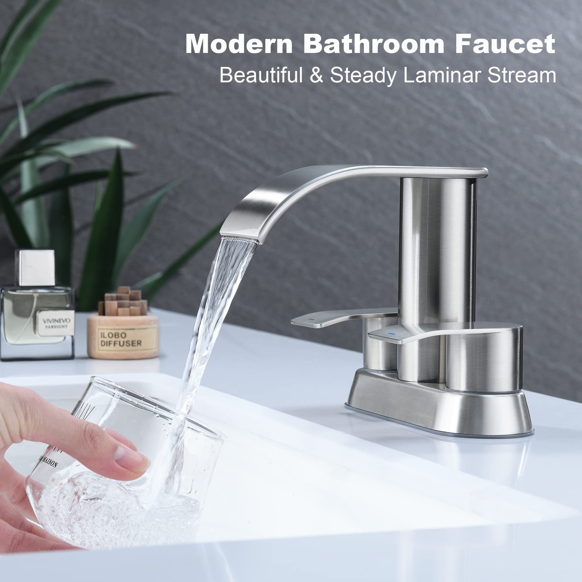 Ultimate Unicorn Waterfall Bathroom Sink Faucet Brushed Nickel, Two Handles Bathroom Faucet with Metal Pop up Sink Drain Stopper, Two Or 3 Holes Bathroom Basin Lavatory Mixer Tap with Deck Mount Plate